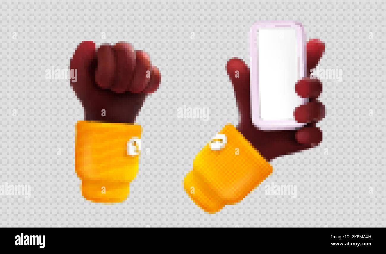 3d render black hand fist and palm holding smartphone with blank screen ...