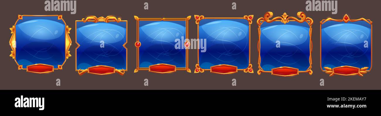 Golden vintage game frames, ui medieval square borders from metal, gems ...