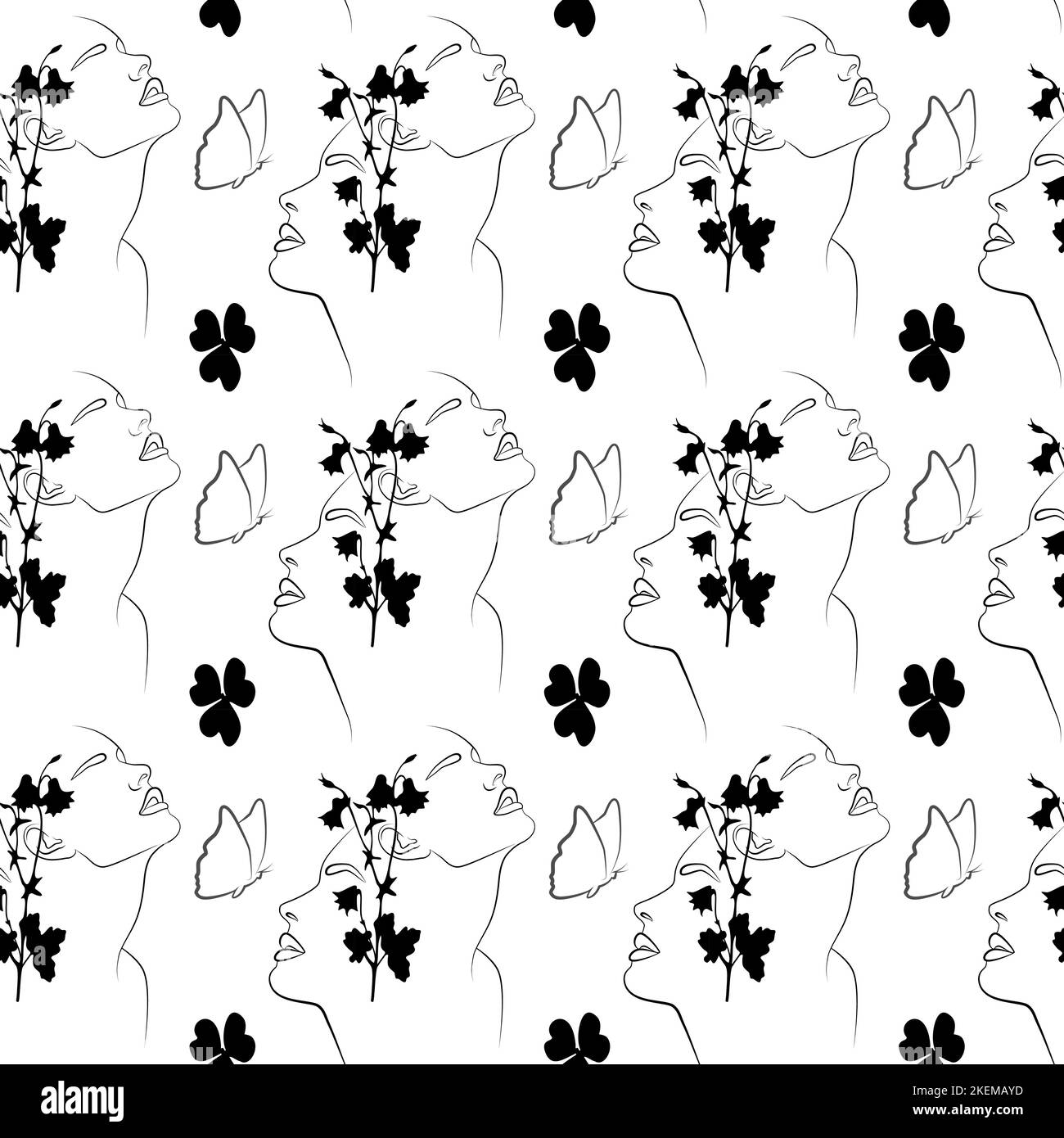 A continuous line drawing with a female face, leaves Stock Vector Image ...