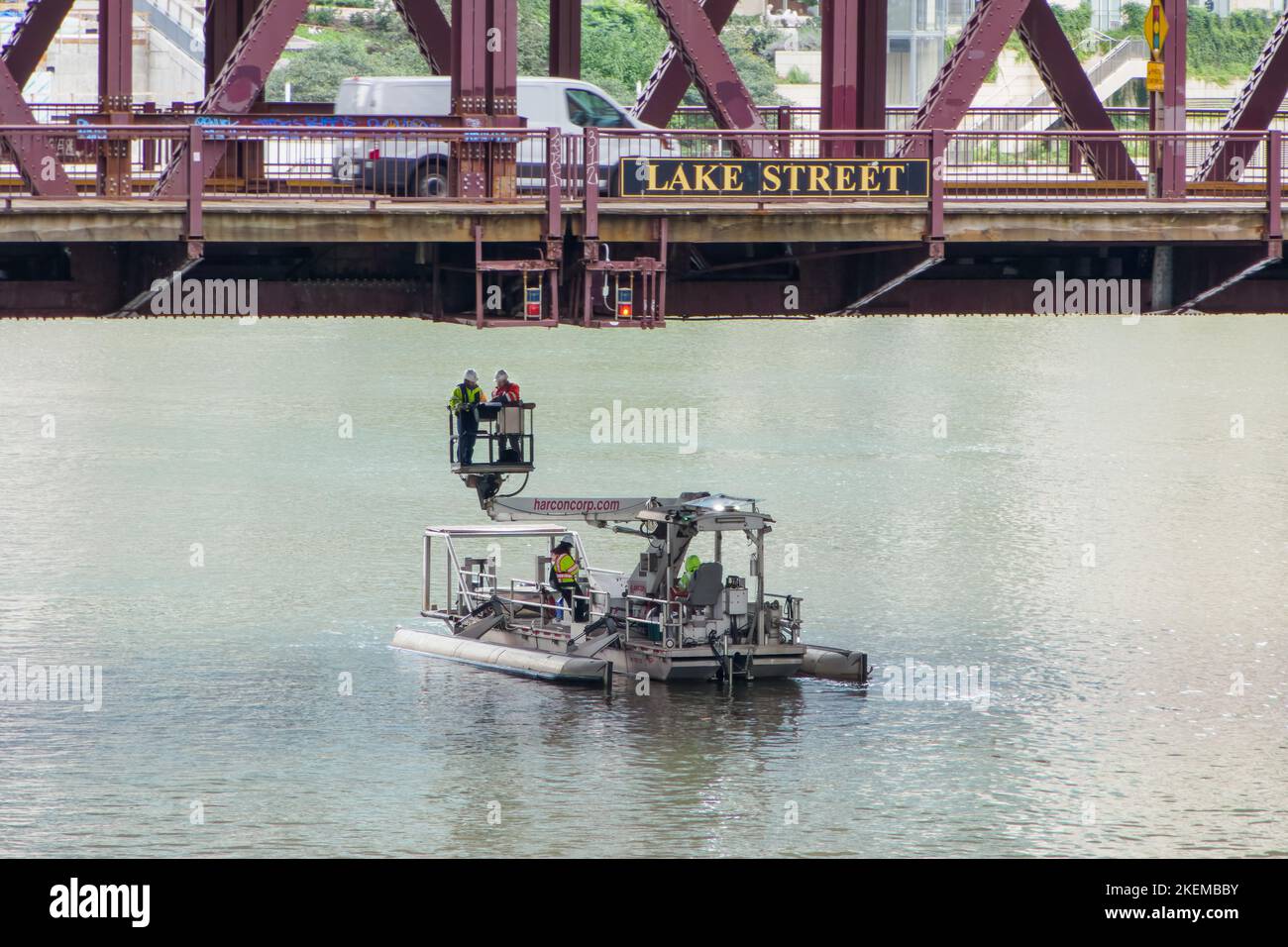 Lake Street Bridge Chicago with bridge inspection boat and inspectors ...