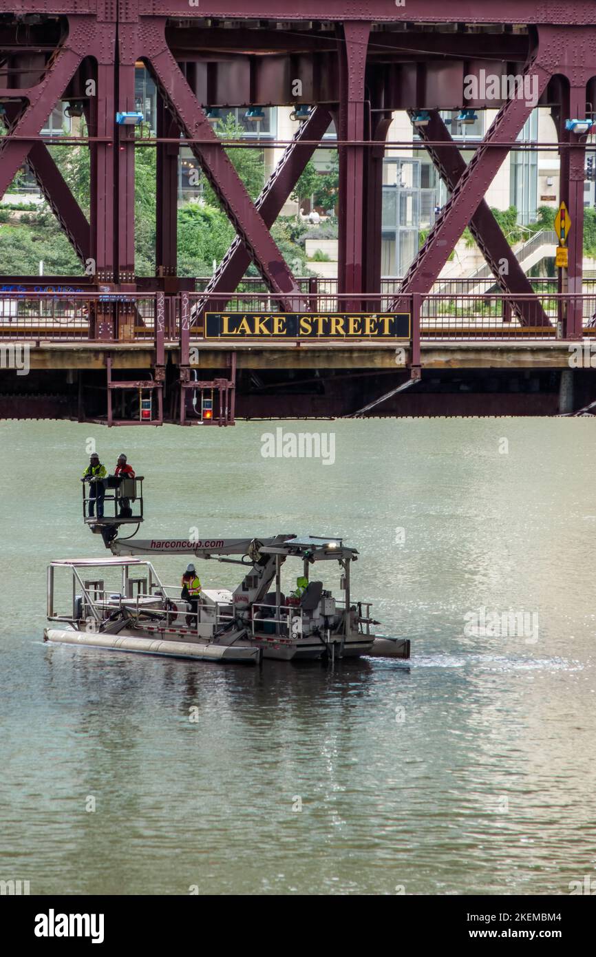 Lake Street Bridge Chicago with bridge inspection boat and inspectors ...