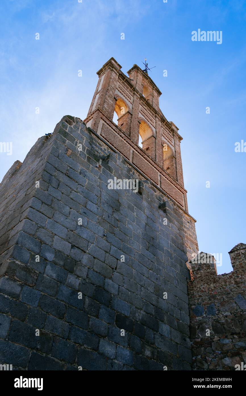 The Roman Walls of Avila a sunny summer day. Spain. Low angle view of ...