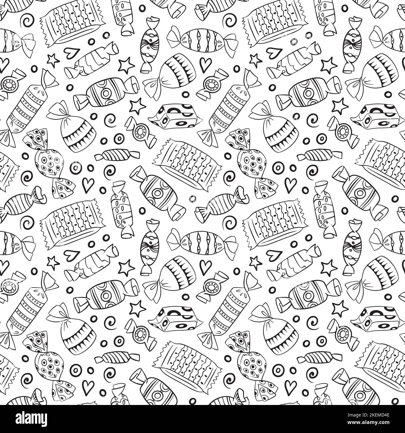Candies in wrappers seamless pattern. Hand drawn doodles on white ...