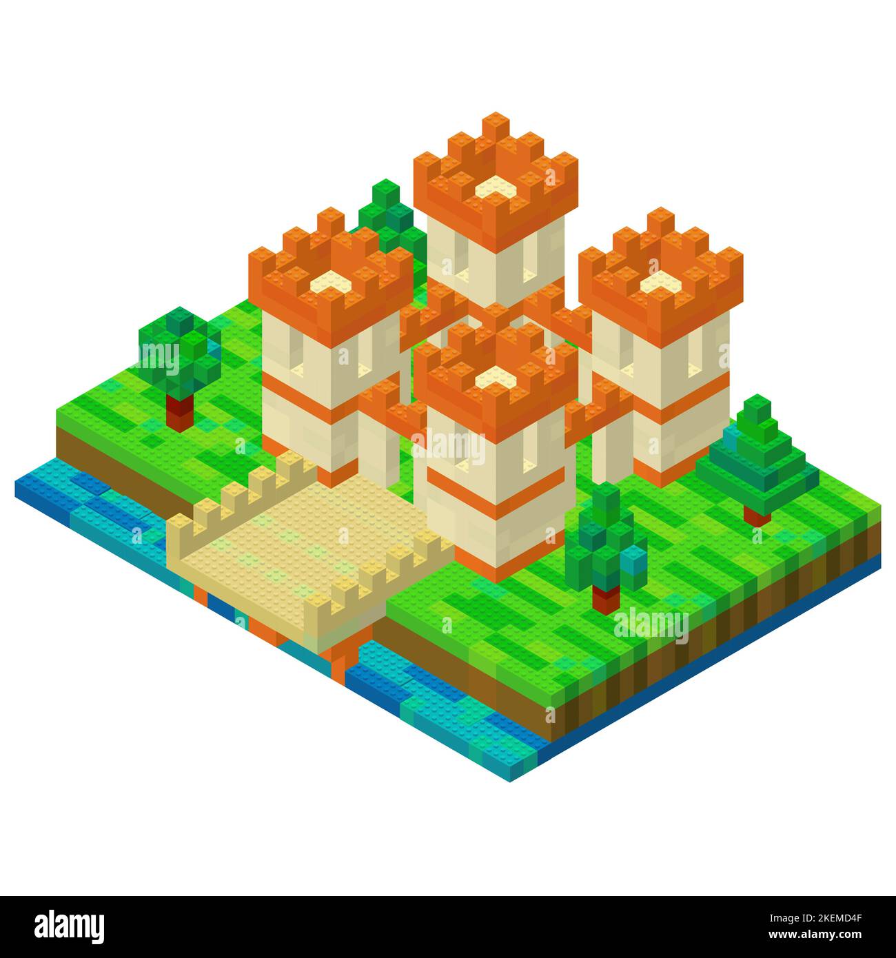 Castle with a bridge assembled from plastic blocks in isometric style ...