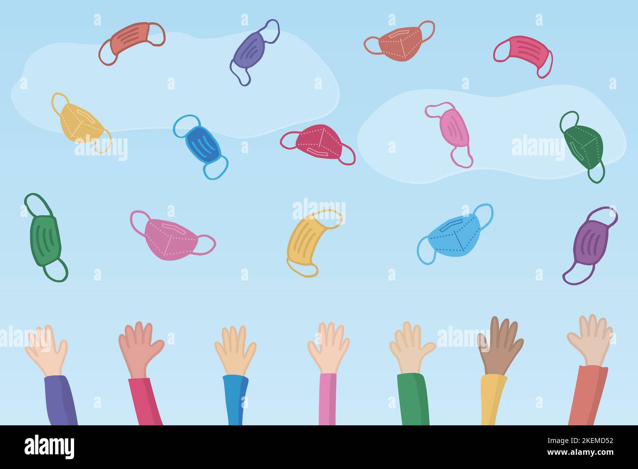 Hands flip face masks up. End of restrictions due to the Covid-19 ...