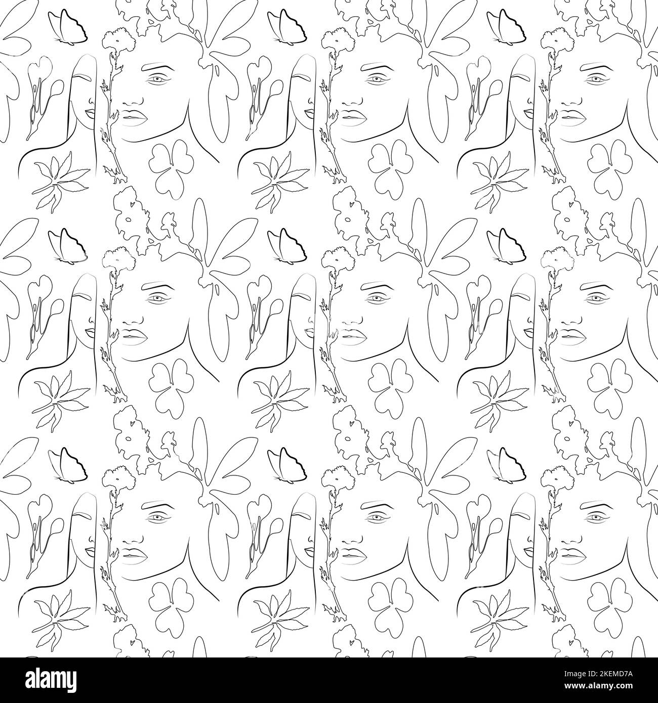 Modern minimalistic portraits with plants in doodles Stock Vector Image ...