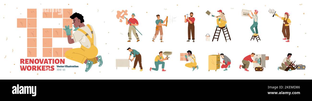 Renovation workers, repairmen, plumbers and painters. Diverse people ...