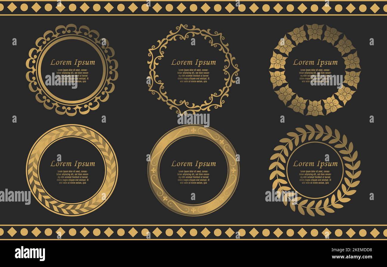 gold circle frame wreath collection. Circular baroque pattern. Round ...