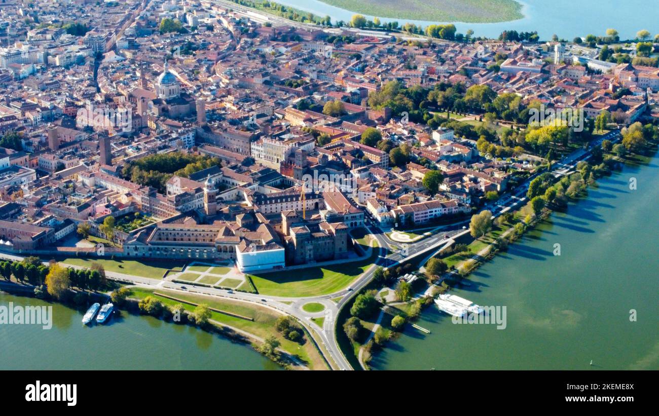 A drone image of the city of Mantova, aka Mantua, Italy, surrounded by ...