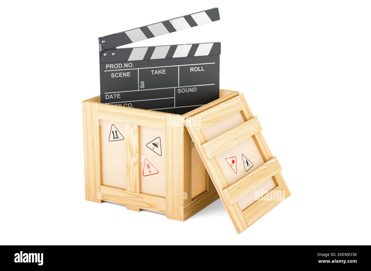 Clapperboard inside wooden box, delivery concept. 3D rendering isolated ...