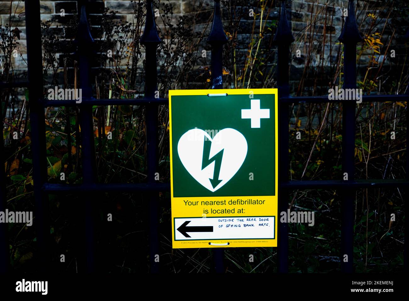 A notice indicating where the nearest fibrillation is Stock Photo - Alamy