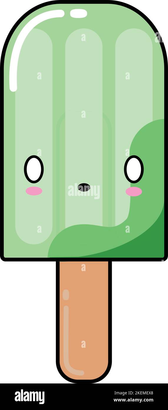 A cute cartoon green popsicle with a surprised expression and wide-open ...