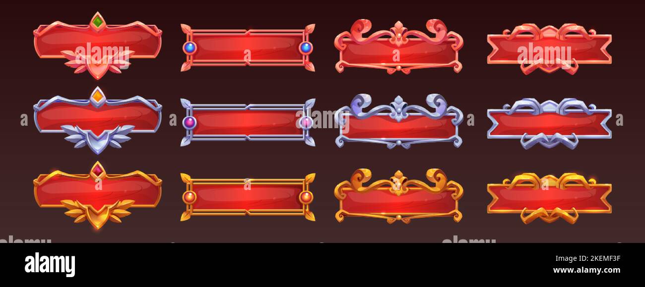Game ui frames, gold silver copper medieval menu element, buttons or banners with ornate rims ...