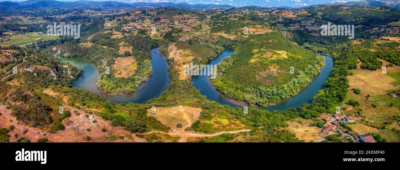 Aerial view of the meanders of the Nora river in Asturias, Spain Stock ...