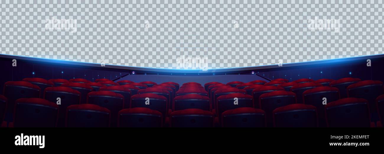Cinema hall with audience seats and blank panoramic screen with ...