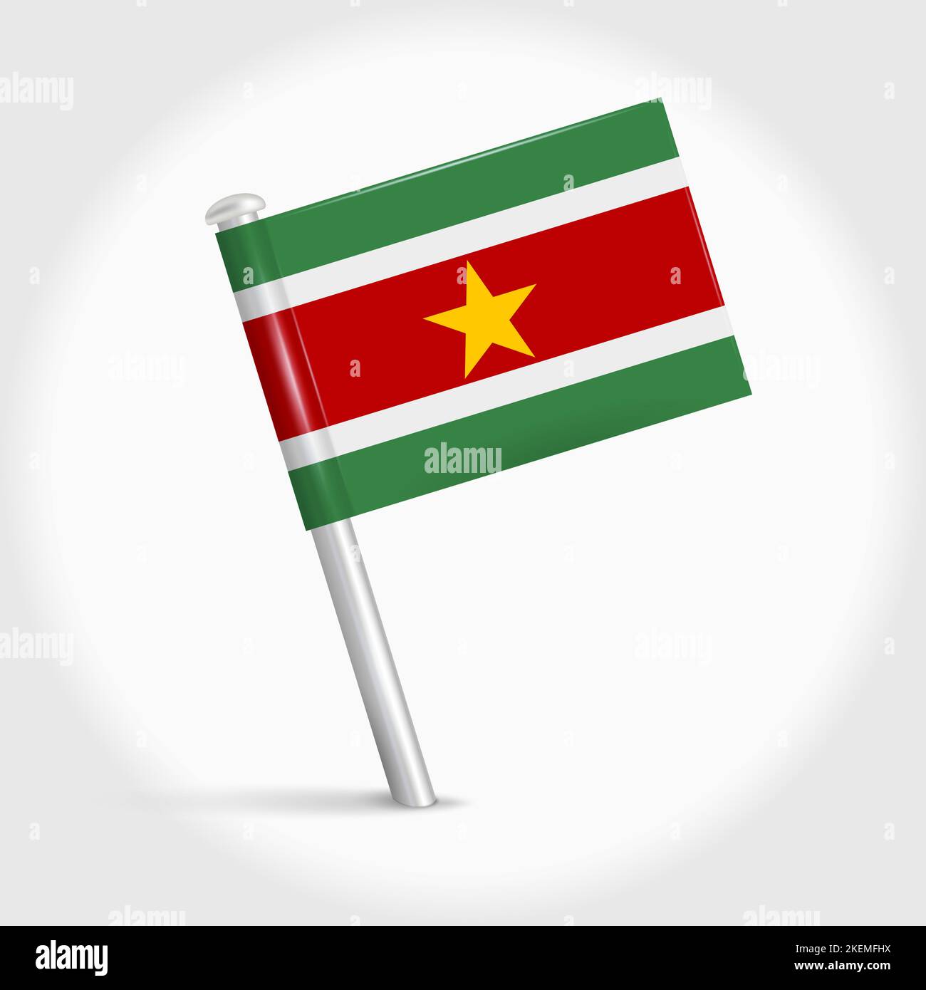 Suriname map pin flag icon. Surinamese pennant map marker on a metal needle. 3D realistic vector ...