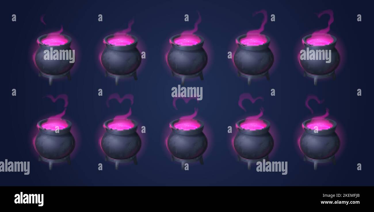 Cauldron with love potion motion sequence animation. Pink heart cloud of magic elixir appear ...