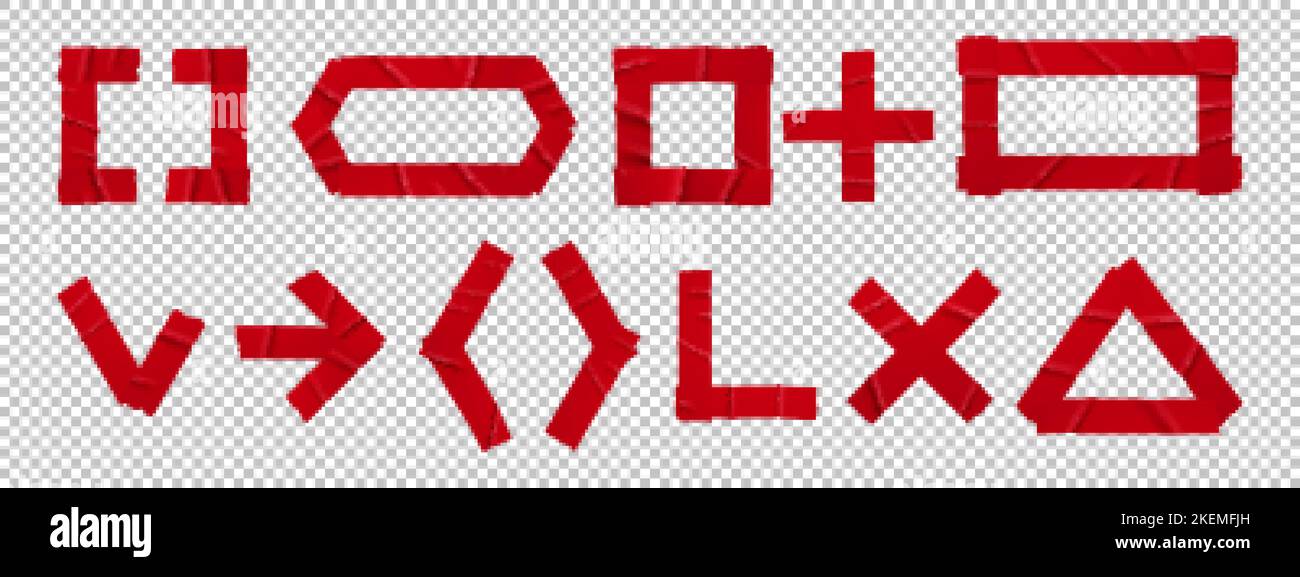 Red glued tape patches signs set. Tick mark, arrow, cross and triangle ...
