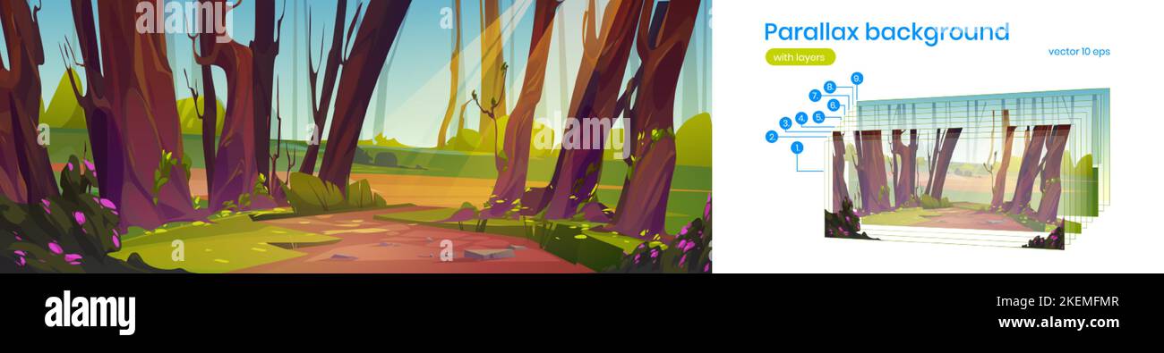 Parallax background cartoon summer nature landscape with dirt road in ...