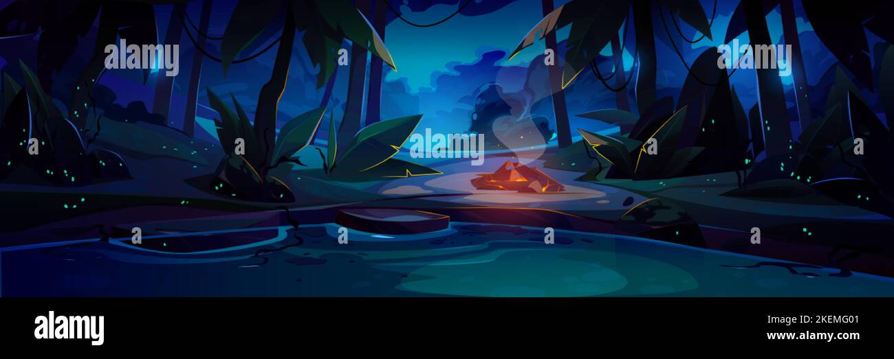 Campsite with bonfire in jungle at night. Dark rainforest landscape ...