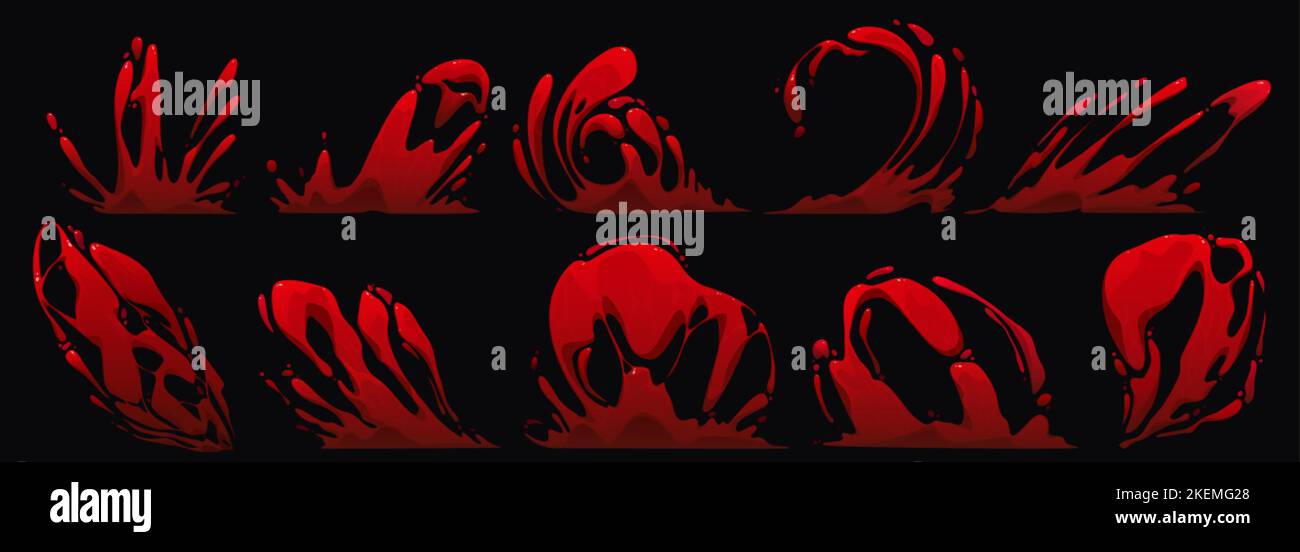 Blood splash, vfx game video effect. Cartoon 2d red liquid drops, flow ...