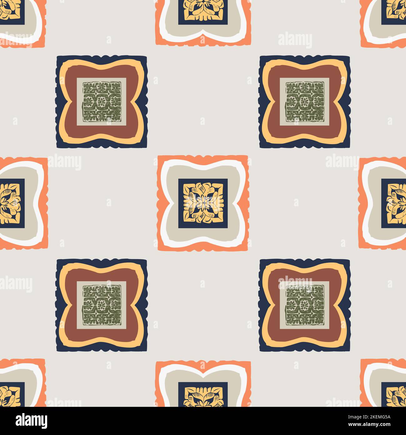 Hand drawn retro block print seamless pattern. Vector 80s vintage ...