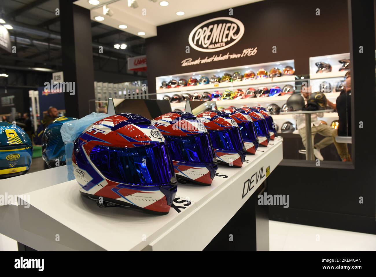 Milan, Italy. 12th Nov, 2022. Helmets at the PREMIER stand are seen in ...