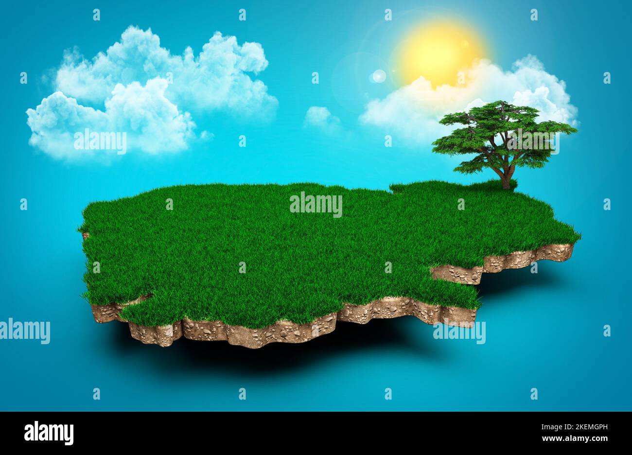 A 3d rendering of Cambodia's geological map with green grass and rock ...