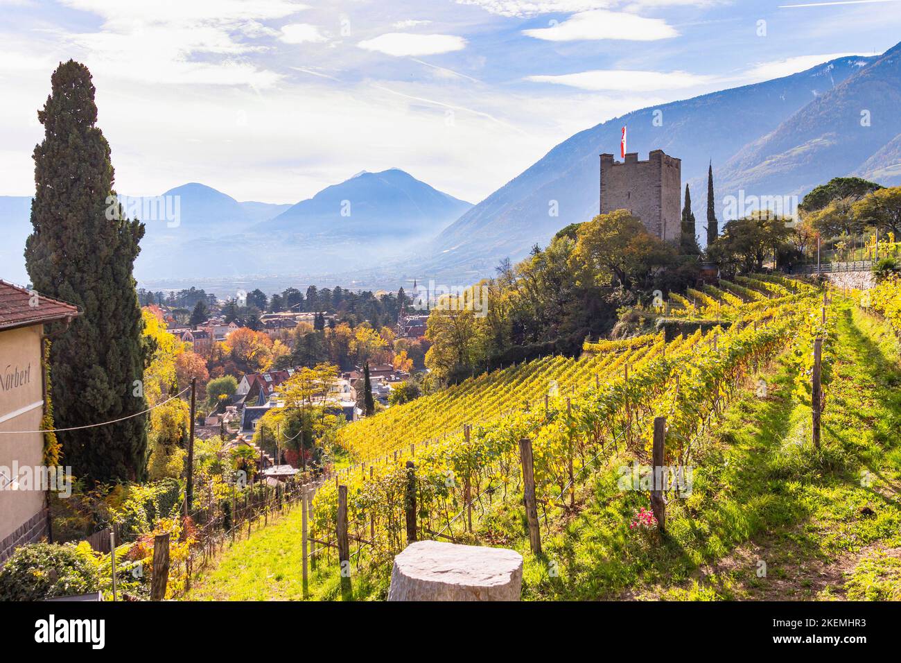 View to Ortenstein Castle, also known as Powder Tower of Merano, South ...