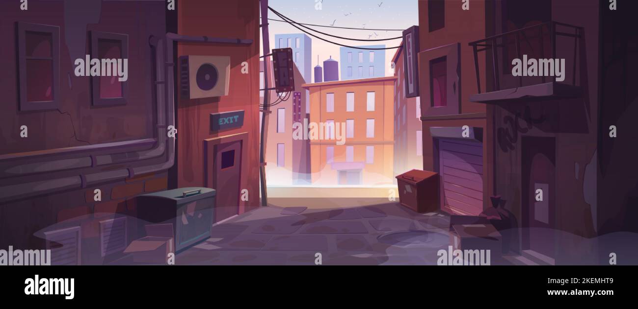 Empty dark urban backstreet with garbage containers. Cartoon vector ...