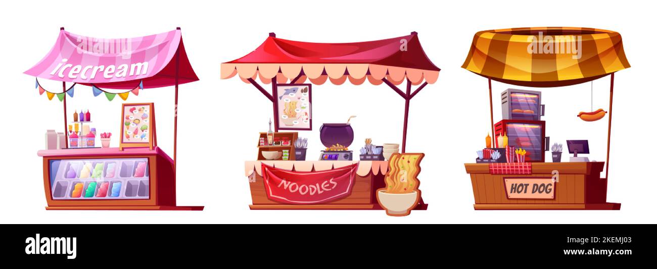 Set of street food market stalls isolated on white background. Cartoon ...