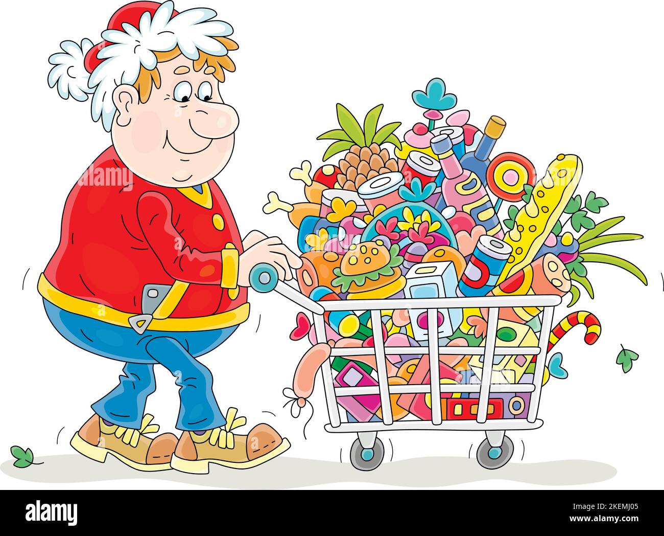 Funny shopper in a Santa hat walking to a supermarket checkout with a ...