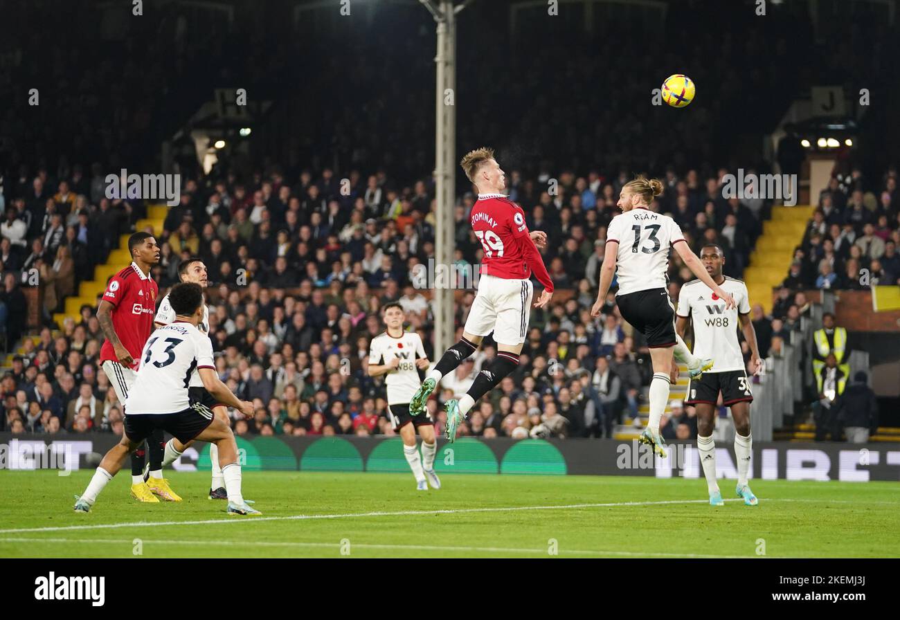 Manchester United's Scott McTominay (centre) heads a shot towards goal ...