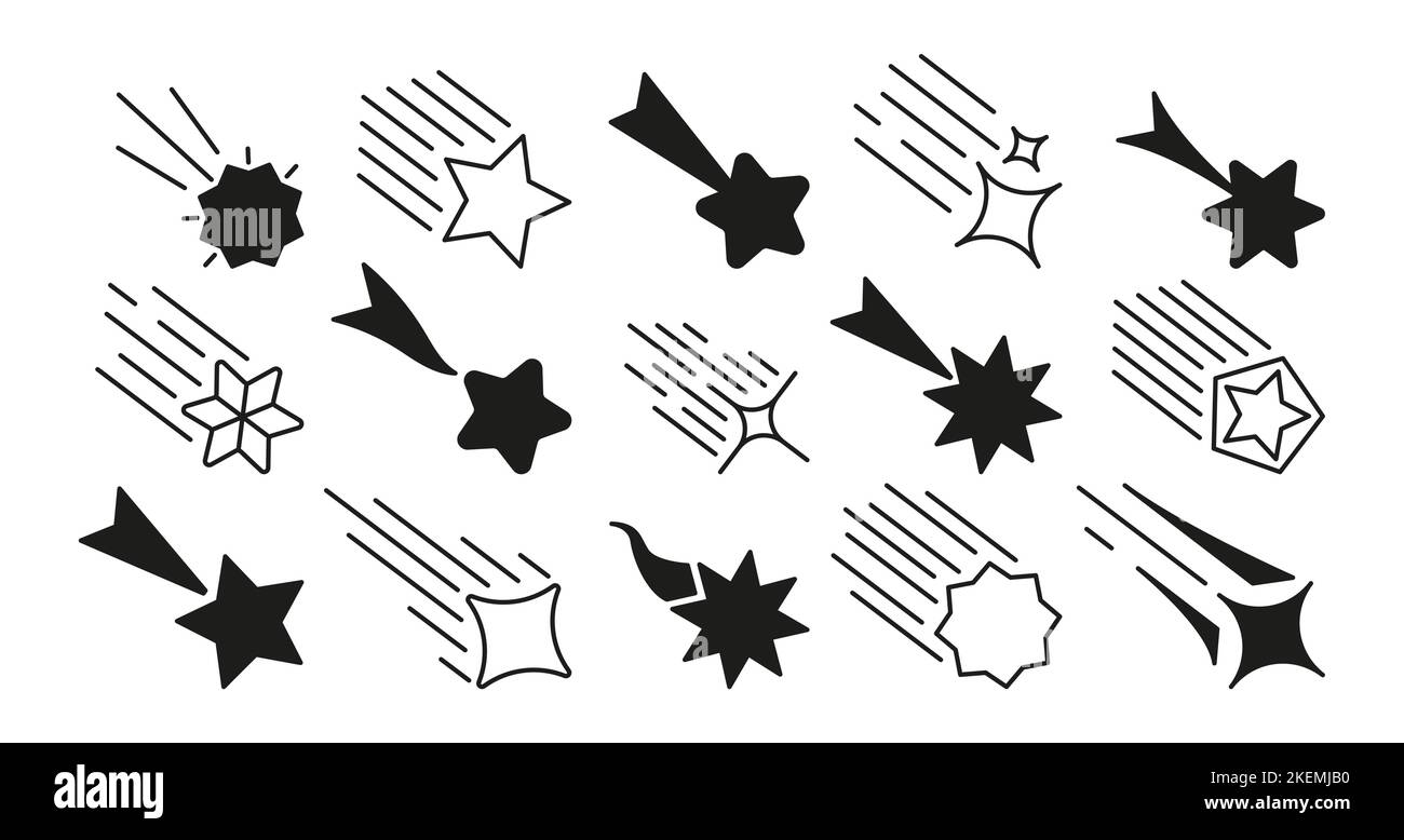 Shooting star icons. Abstract falling symbols with sparkle trail, set ...
