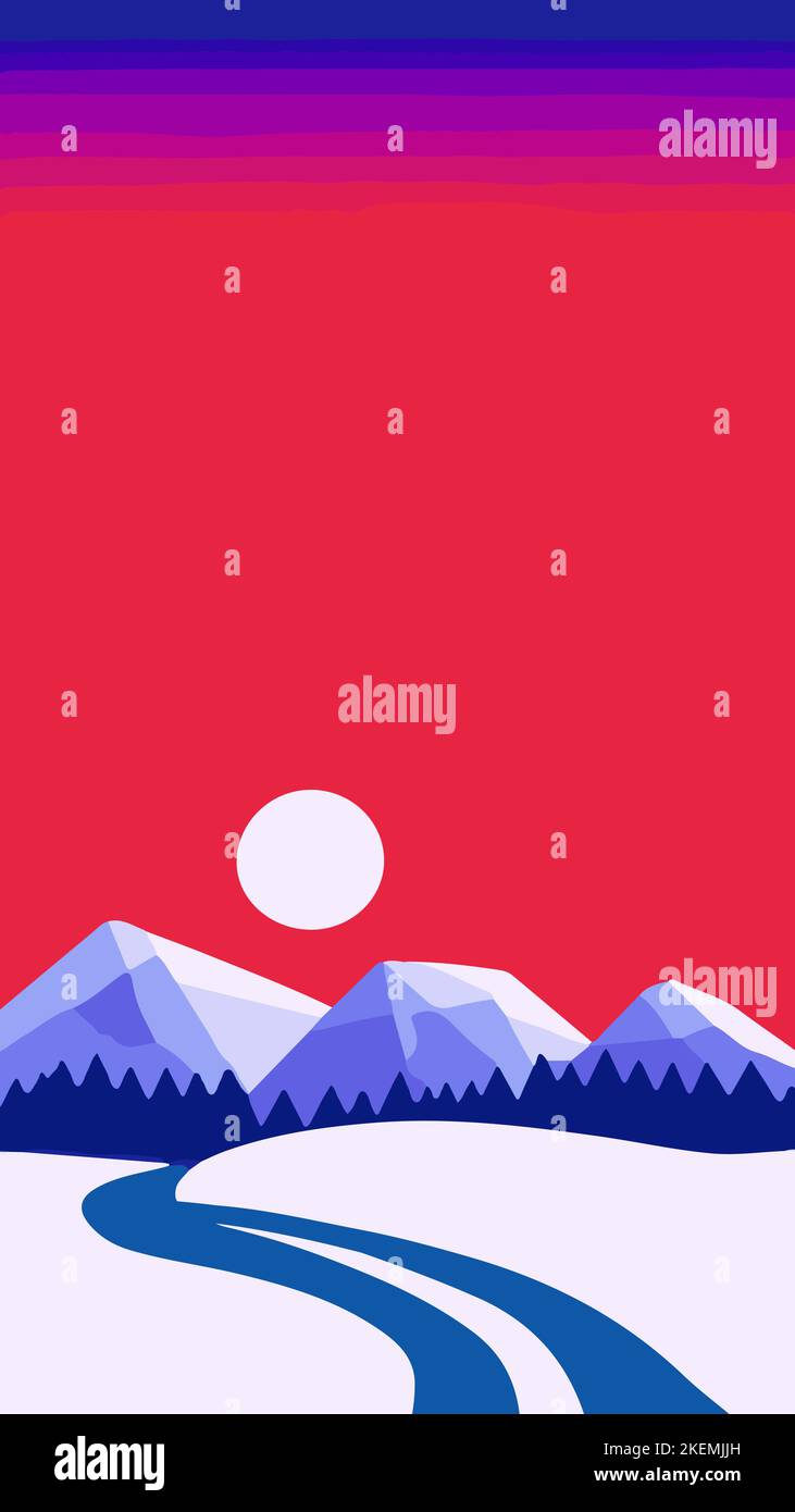 Retro style winter sunset landscape, vector quality, 16x9 vertical ...