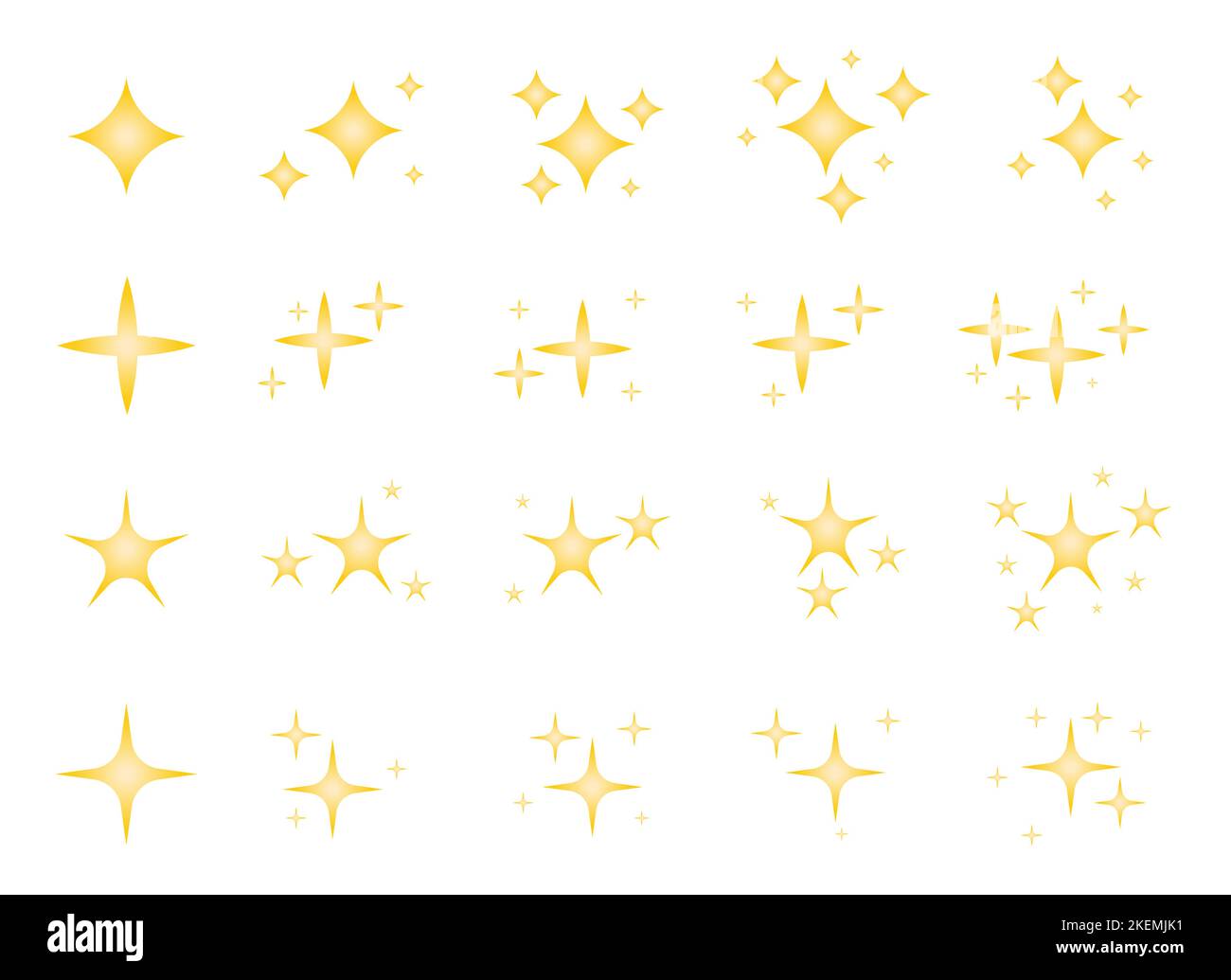 Gold sparkles stars set. Different shapes of bright firework shiny sparkle, magic twinkle, sun ...