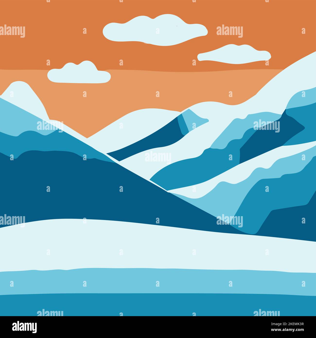 Minimalist retro panorama, vector hills landscape covered with snow ...