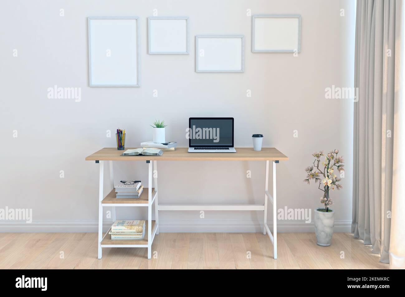 The view of a working desk with a laptop and different objects in a ...