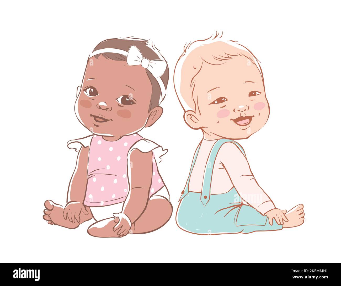Cute little baby boy and a girl are sitting and smiling. Active baby 3 ...