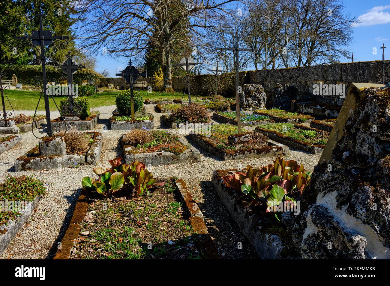 Churchyard of the deserted village of Gruorn, former military training ...