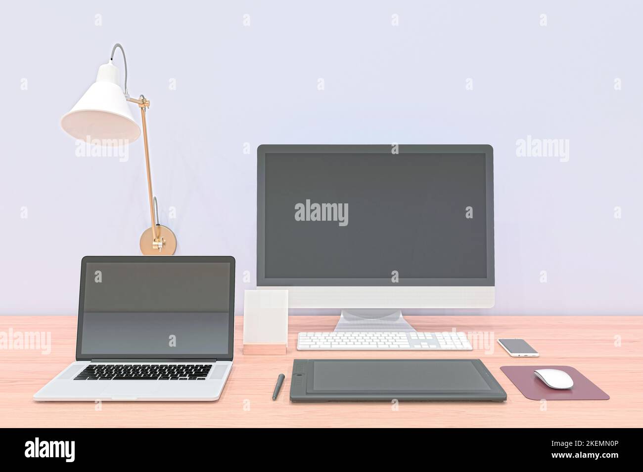 The 3D-rendered working desk with a laptop and computer screen over the ...