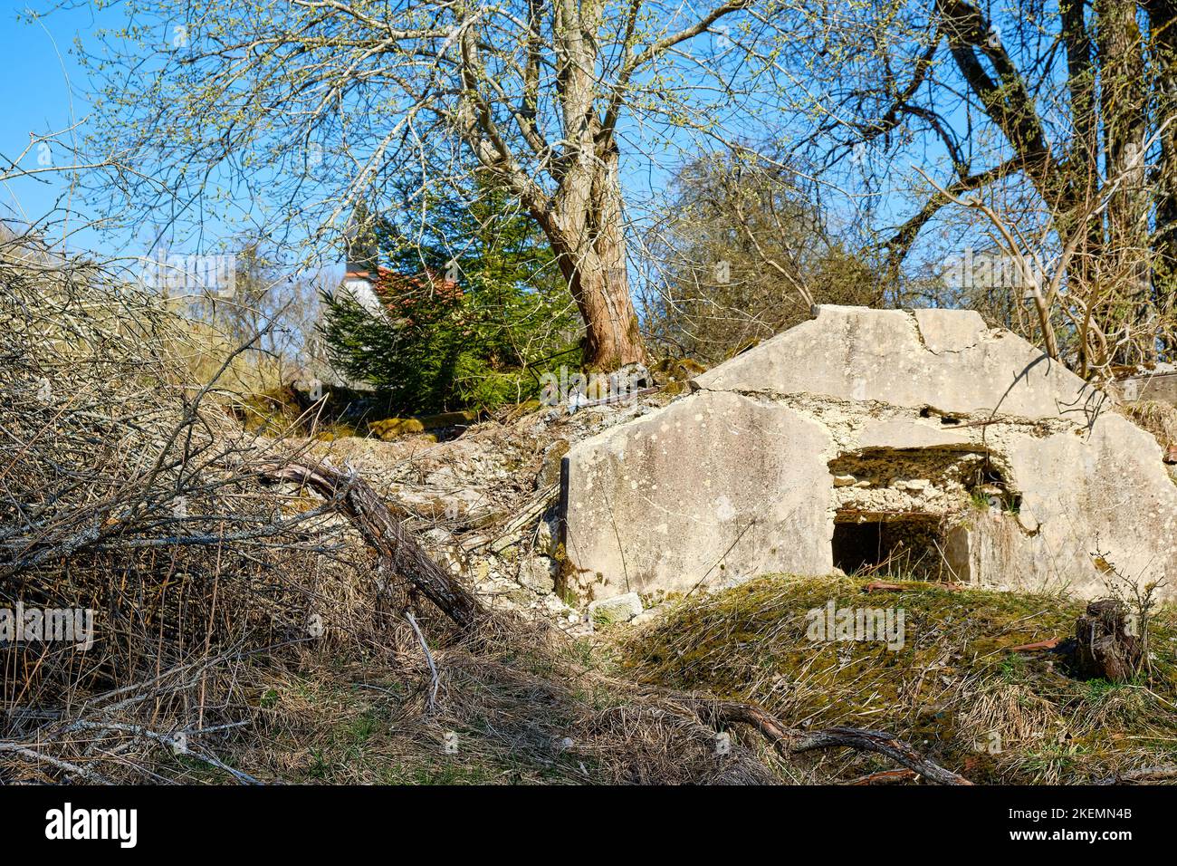 Remnants of dilapidated building structures, deserted village of Gruorn ...