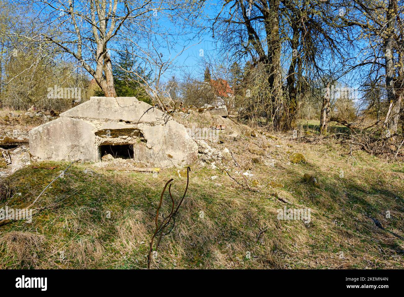 Remnants of dilapidated building structures, deserted village of Gruorn ...