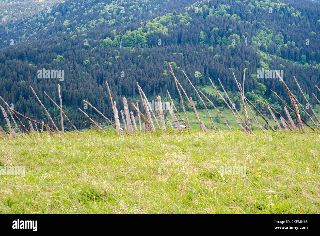 Mountain wooden fence on the hill, spring scene in Romanian Carpathians ...