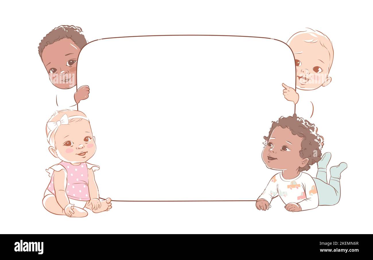 Group of multicultural baby boys and baby girls hold a blank board ...