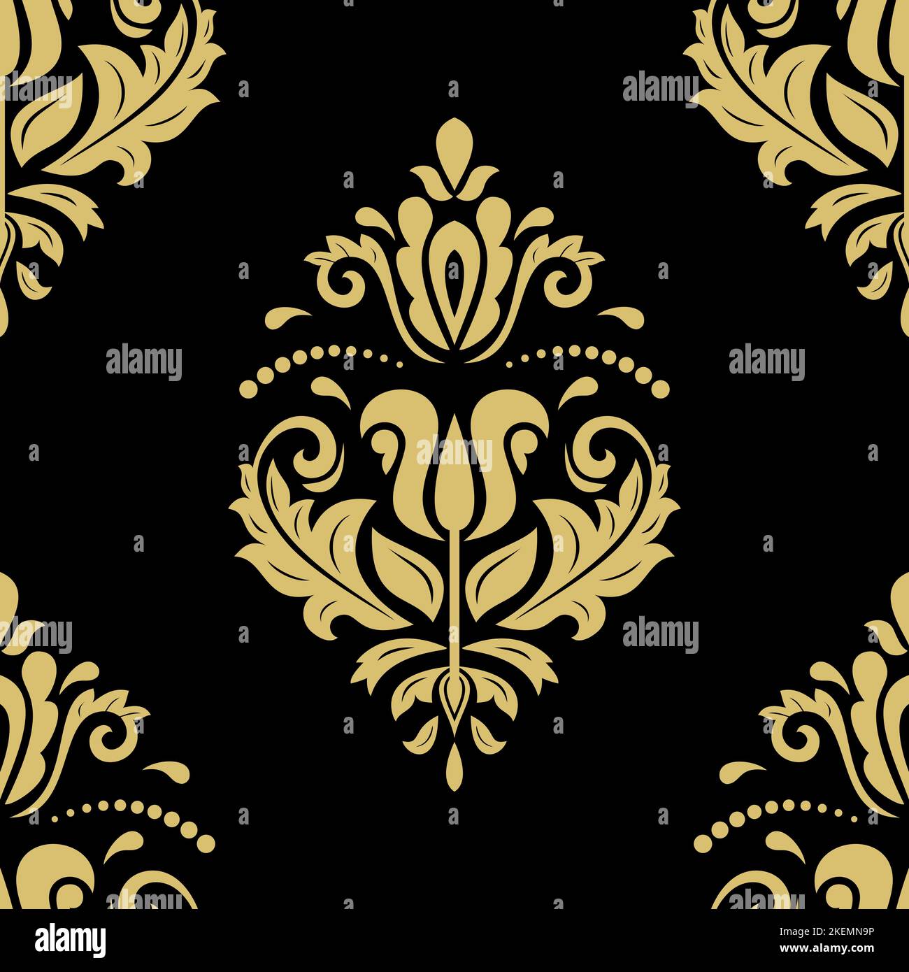 Classic seamless vector pattern. Damask black and yellow orient ornament. Classic vintage ...