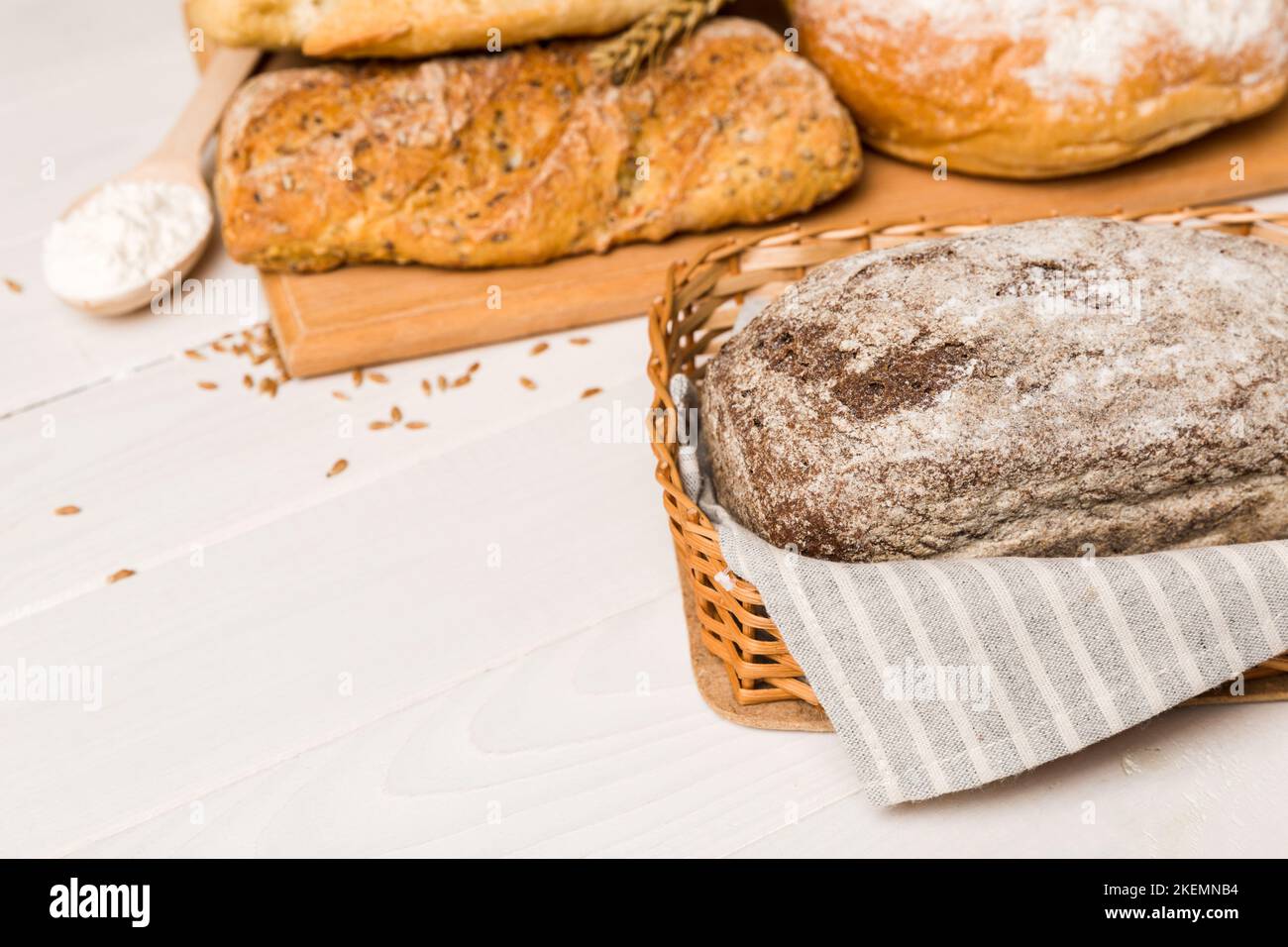 Homemade natural breads. Different kinds of fresh bread as background ...