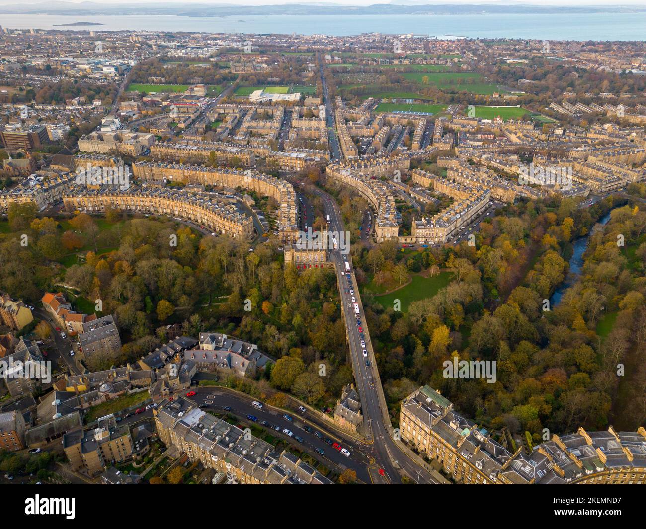 Aerial view across Water of Leith and Dean Bridge to Comely Bank and ...