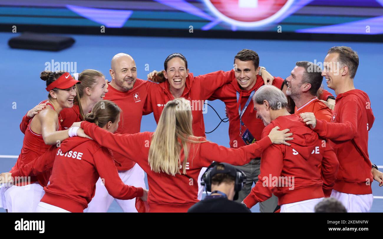 Switzerland's Belinda Bencic and team-mates celebrate winning the Billy ...