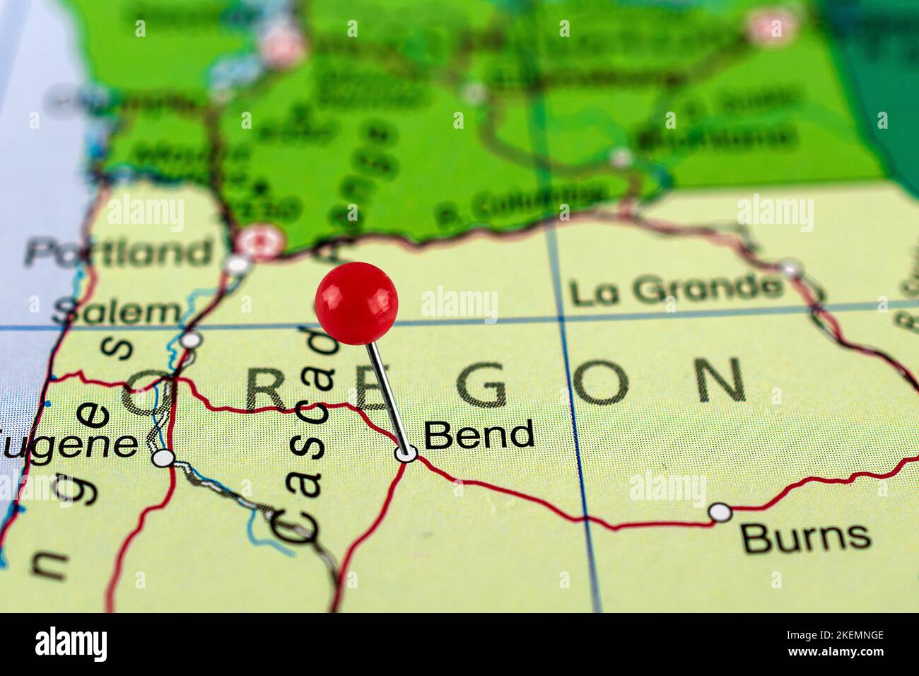 Bend pin map. Close up of Bend map with red pin. Map with red pin point ...